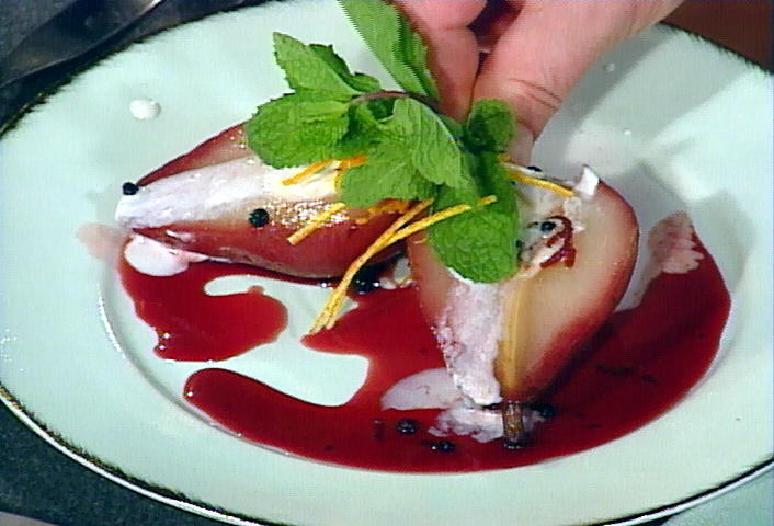 Red Wine Poached Anjou Pears Stuffed with Mascarpone Recipe - Chef's ...