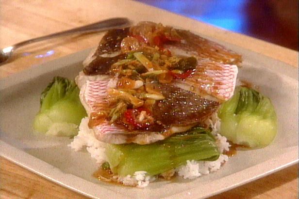 Asian-Style Steamed Snapper with Baby Bok Choy Recipe | Food Network
