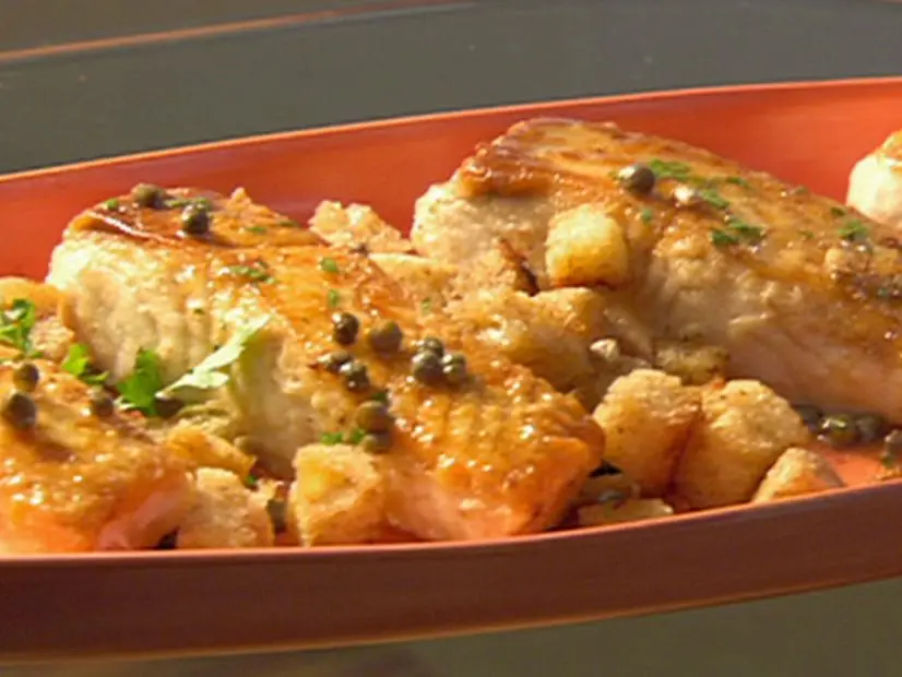 Halibut with Lemon, Capers, and Croutons Recipe | Amy Finley | Food Network