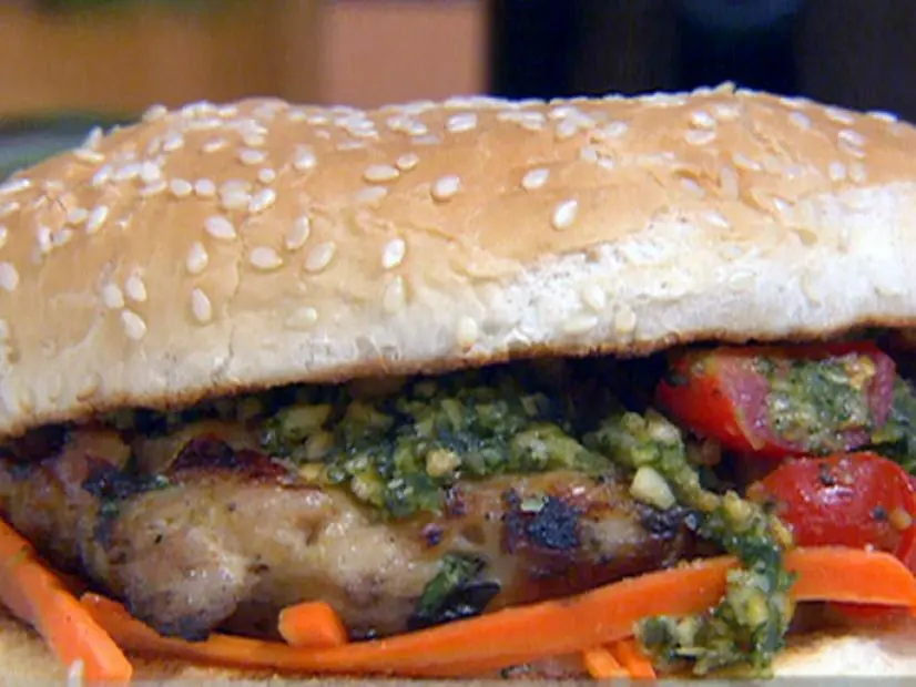 Coconut Basil Chicken Burgers with Thai Peanut Pesto Recipe | Food Network
