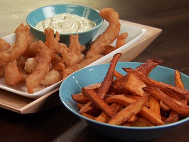 Fried Fish Bites with Sweet Potato Fries and Spicy Mayo Recipe - Chef's ...