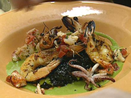 Black Squid Ink Risotto with Grilled Prawns, Lobster and Green Onion ...