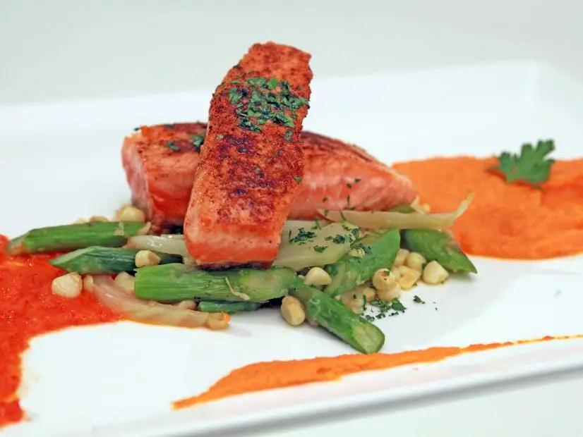 Paprika Seared Salmon with Carrot-Ginger Puree and Red Pepper Coulis ...