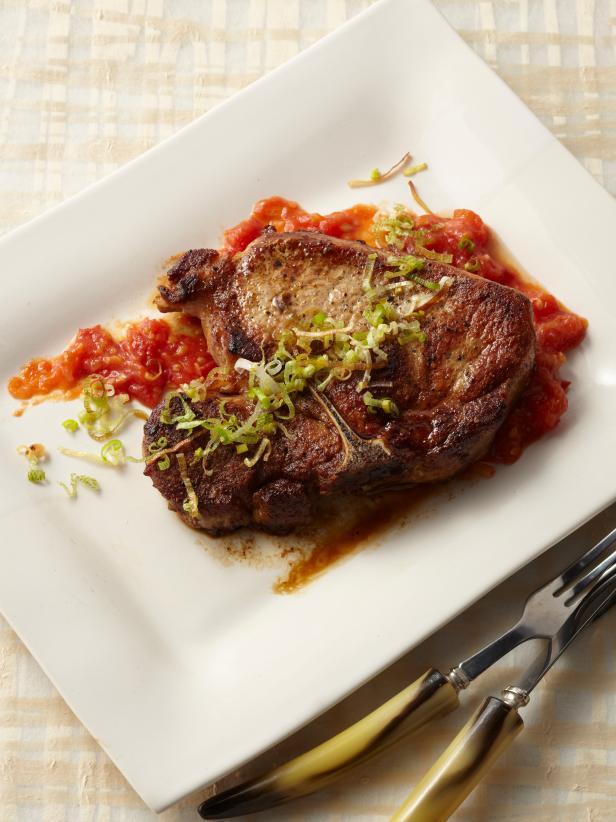 Pork Chops with Tomato Jam and Fried Leeks Recipe | Food Network ...
