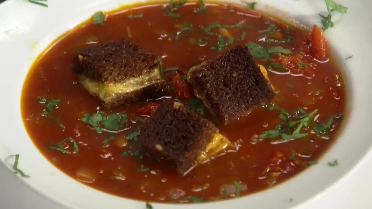 Bloody Mary Soup with Pumpernickel Grilled Cheese Croutons Recipe ...