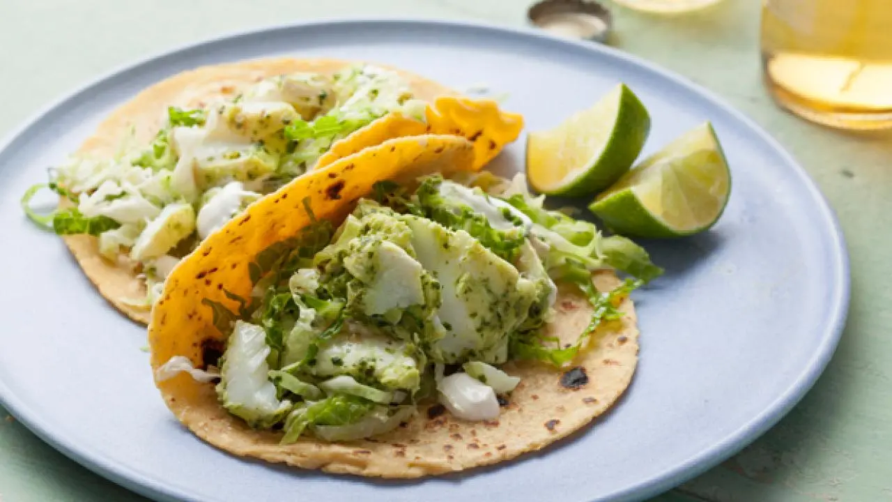 Halibut Fish Tacos with Cilantro Savoy Slaw Recipe | Food Network ...