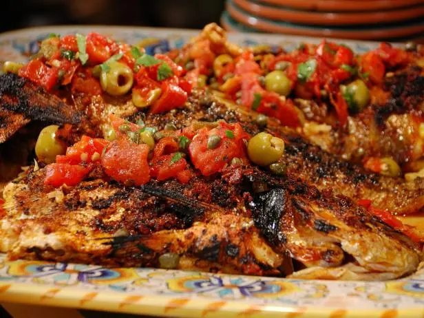 Whole Snapper with Grilled Vera Cruz Salsa Recipe | Bobby Flay | Food ...