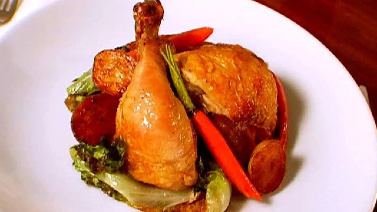 Roast Chicken with Potatoes and Vegetables Recipe | Marc Murphy | Food Network