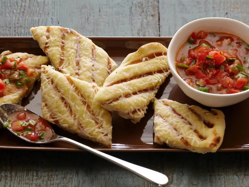 Garlicky Grilled Flatbread Strips with Fresh Tomato Sauce Recipe | Food ...