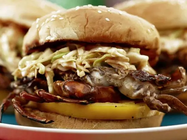 Grilled Soft Shell Crab Sandwich with Red Slaw and Yellow Tomatoes ...