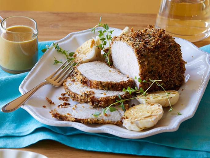 Herb and Garlic Roast Pork Loin with Honey Mustard Sauce Recipe | Food ...