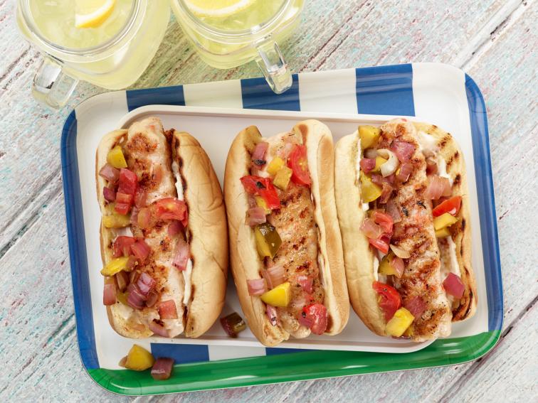 Grilled Shrimp Dogs with Grilled Vegetable Relish Recipe | Food Network Kitchen | Food Network
