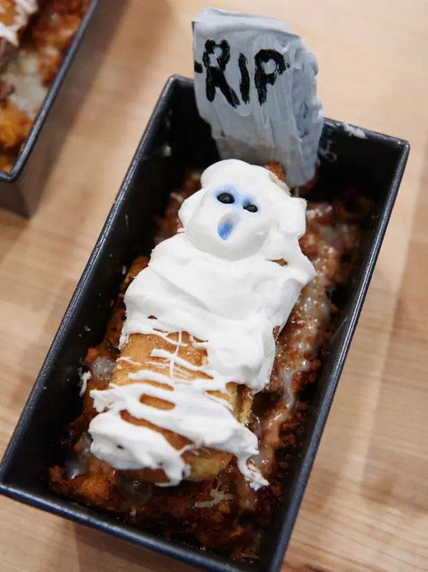 Mexican Pumpkin Bread Pudding Graves with Baked Churro Mummies Recipe ...
