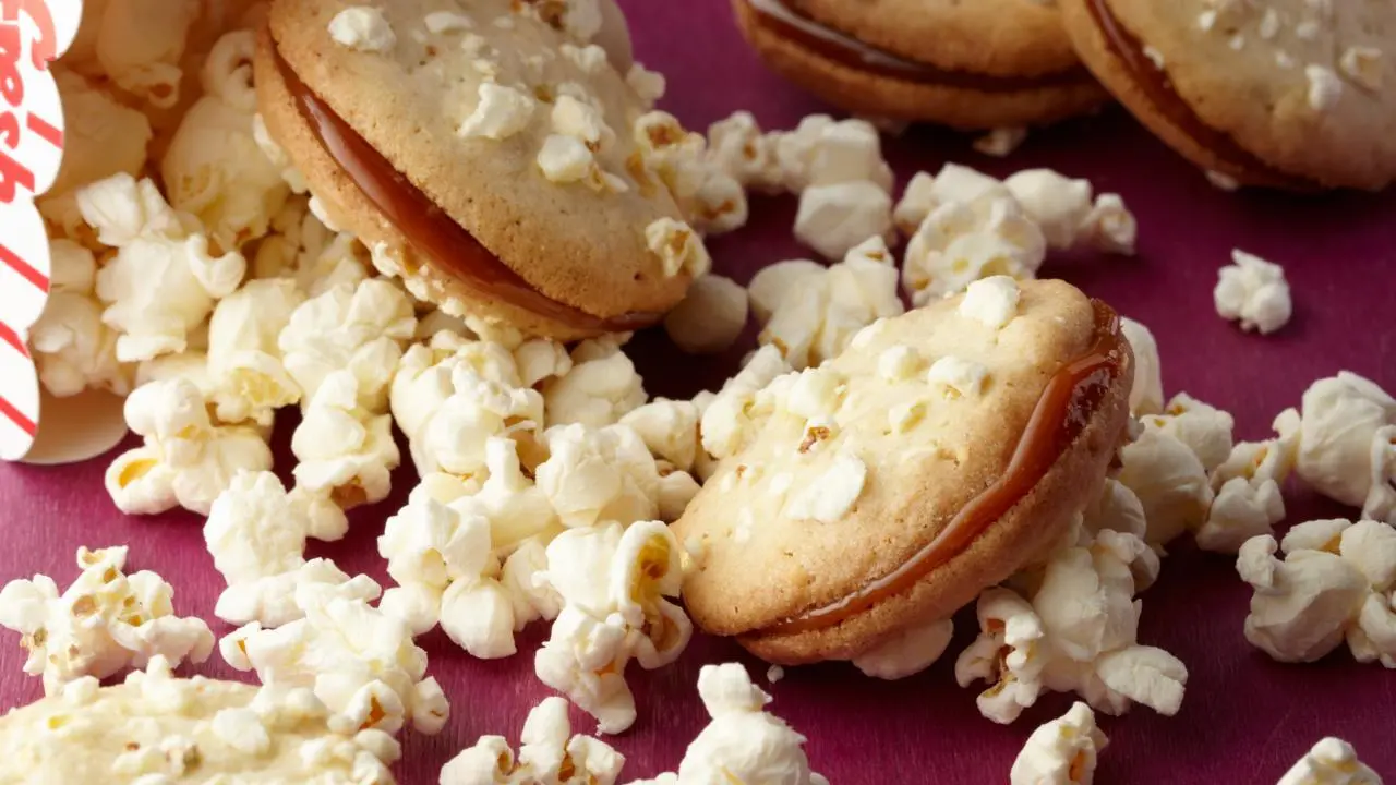 Popcorn Sandwich Cookies with Salted Caramel Recipe | Food Network ...