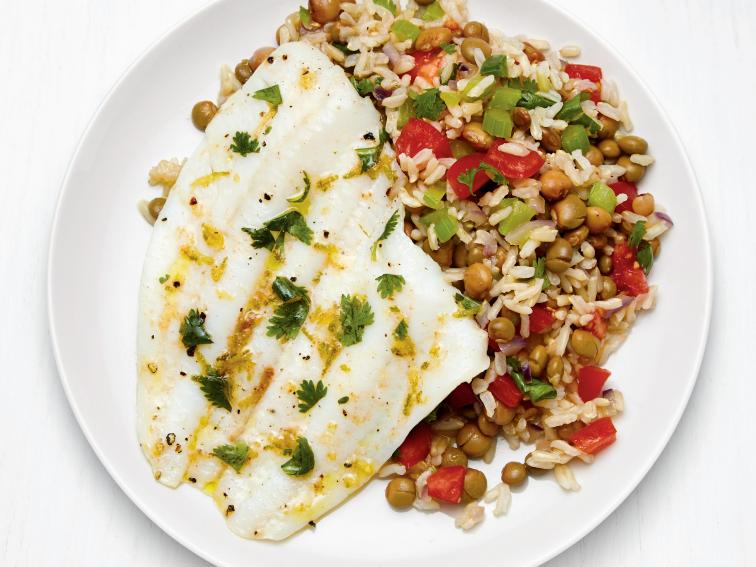 Zesty Cilantro Flounder with Pigeon Peas and Rice Recipe | Food Network ...