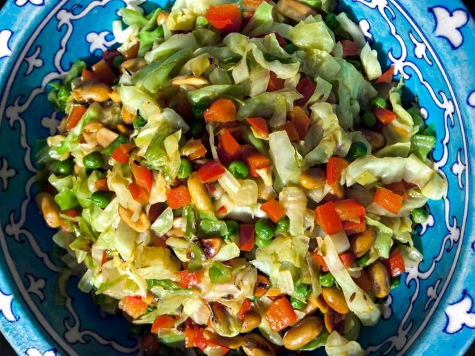 Stir-Fried Cabbage with Red Peppers, Peanuts, and Peas Recipe | Suvir ...