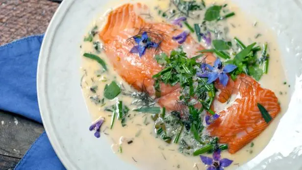 Slow-Roasted Salmon with Herb Sauce Recipe | Jerry Traunfeld | Food Network