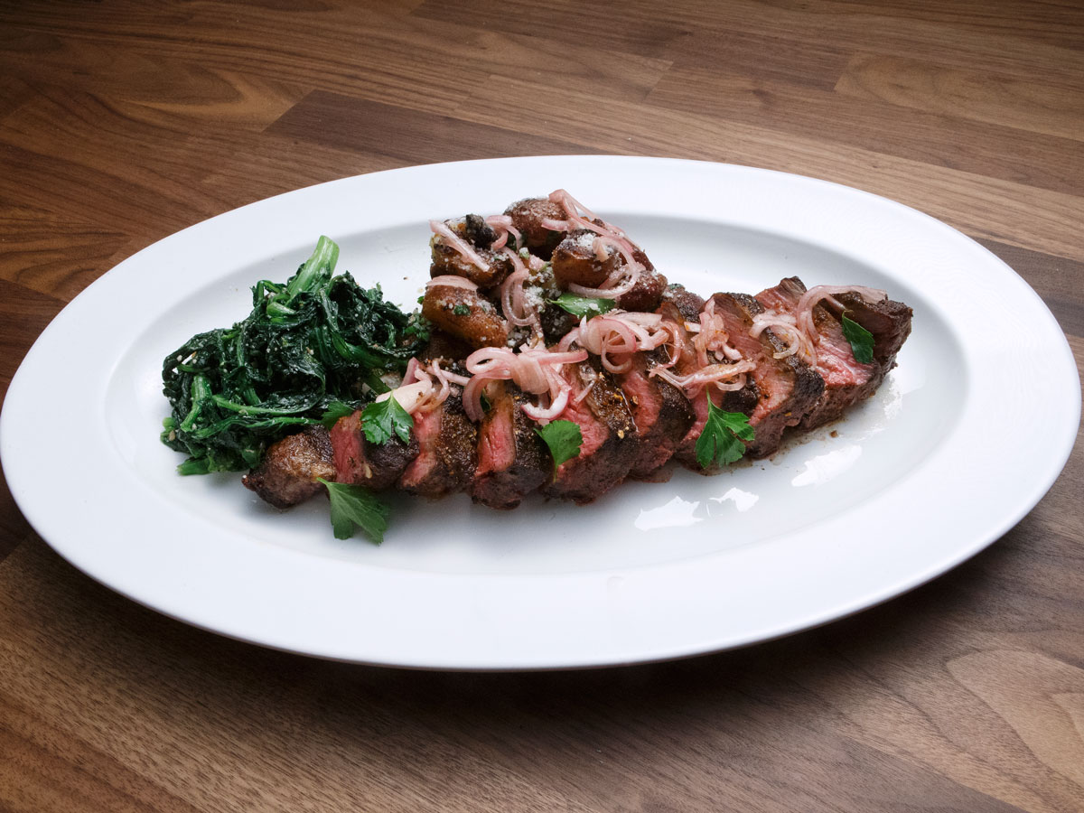 Spice-Rubbed NY Strip, Fried Potatoes and Broccoli Rabe Recipe - Chef's ...