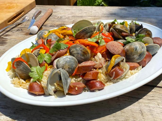 Clams with Sausage and Peppers over Rice Pilaf Recipe | Michael Symon ...