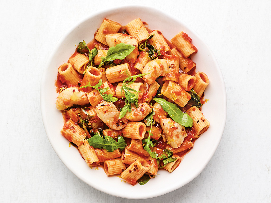 Mezzi Rigatoni with Tomatoes, Scallops and Arugula Recipe - Chef's ...