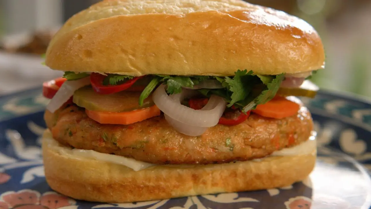 Salmon Burgers with Spicy Quick-Pickled Vegetables Recipe | Valerie ...