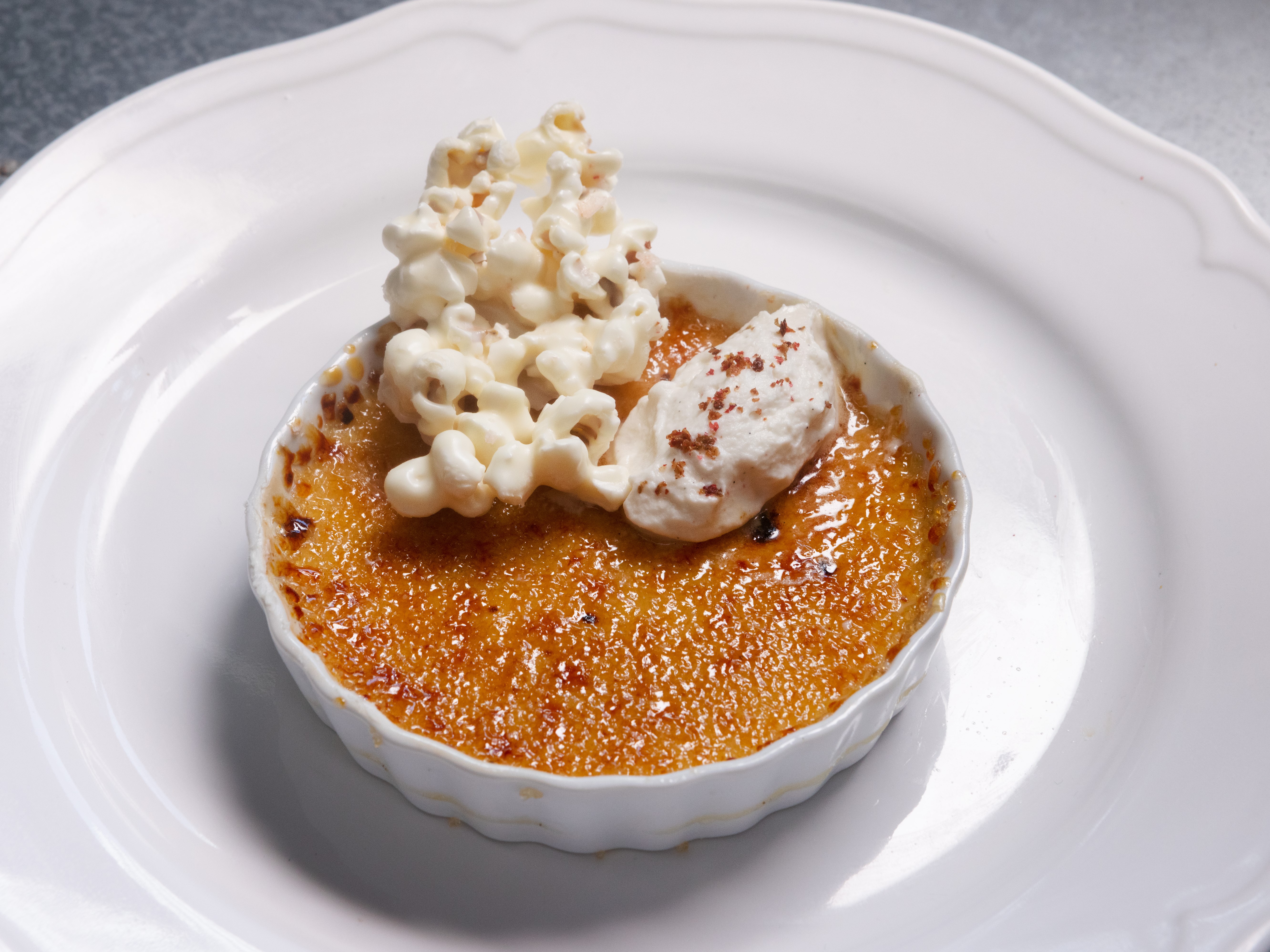 Butterscotch Crème Brûlée with Pink Peppercorn Whipped Cream and White ...