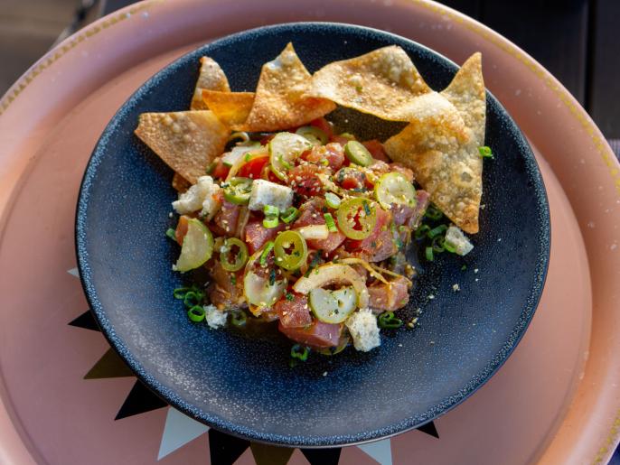Spicy Tuna Poke with Wonton Chips Recipe | Food Network