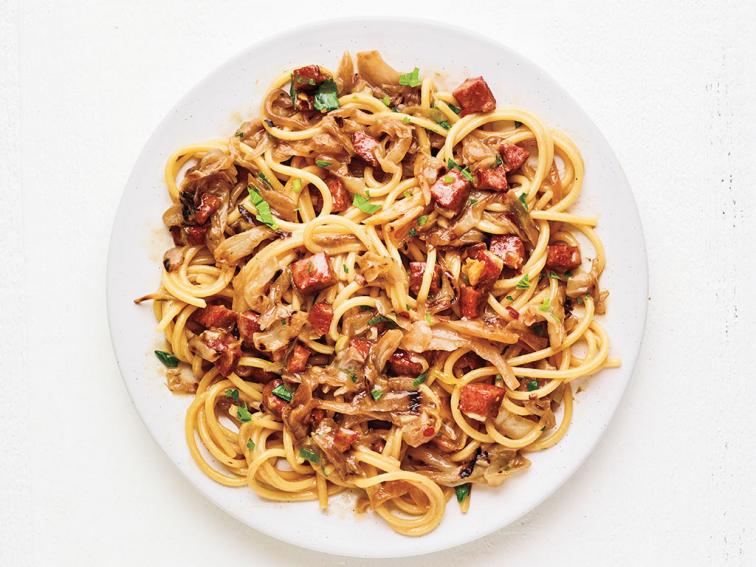 Spaghetti with Kielbasa and Caramelized Cabbage Recipe | Food Network ...