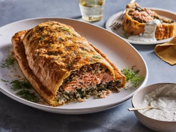 Salmon Coulibiac with Herby Horseradish Cream Recipe | Food Network ...