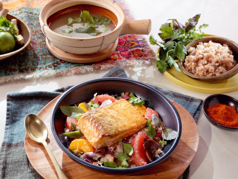 Honey Mustard Glazed Salmon with Radicchio Bulgur Salad and Miso Broth ...
