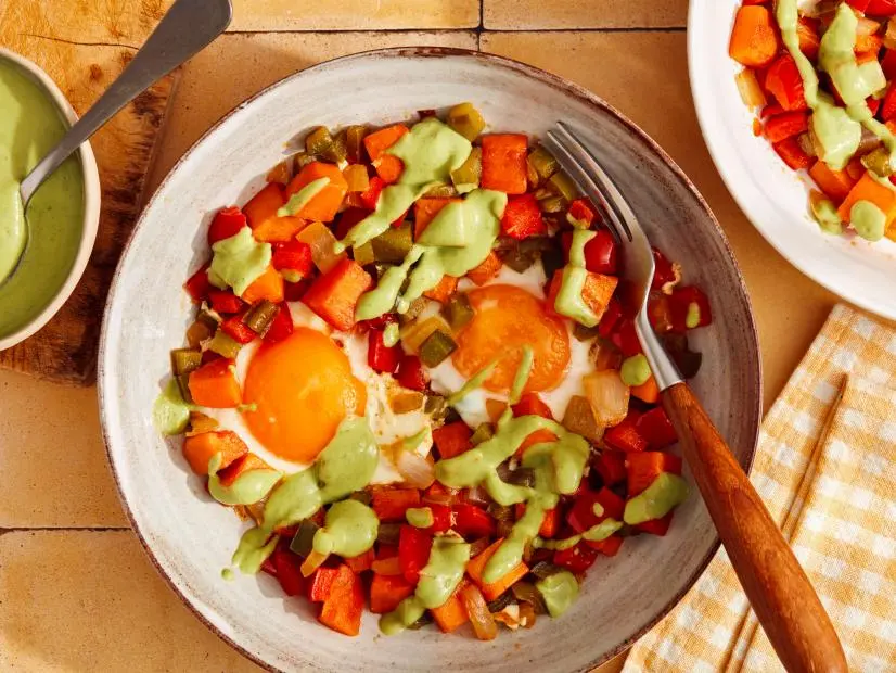 Sweet Potato Hash and Eggs with Avocado Drizzle Recipe | Food Network ...