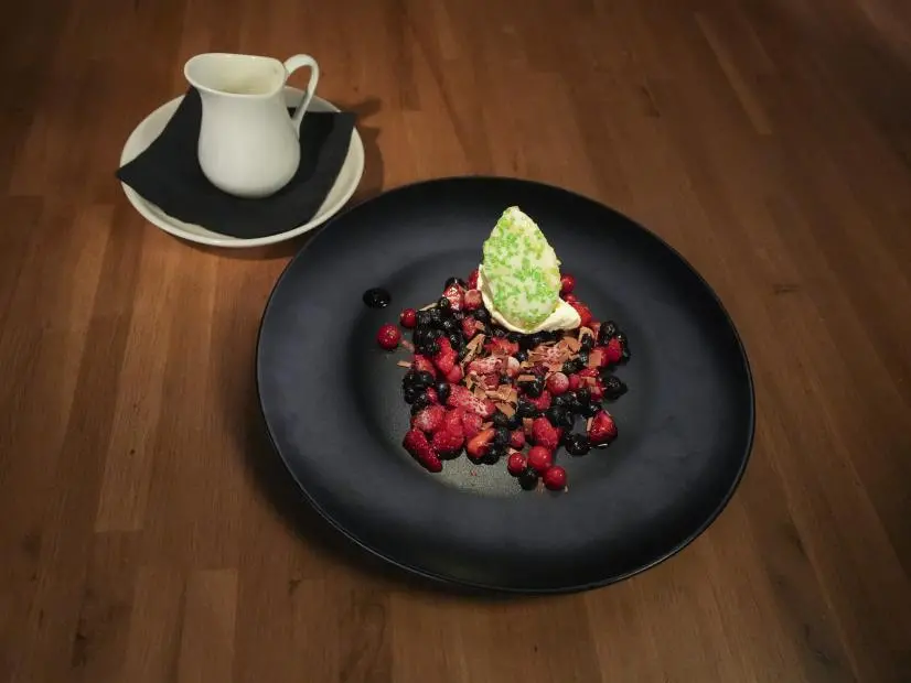 Frozen Wild Berries with White Chocolate Sauce and a Shortbread Leaf ...