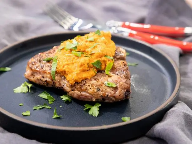 Brown Butter Pork Chops with Walnut Romesco Sauce Recipe | Food Network
