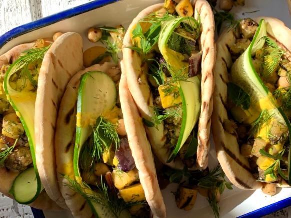 Grilled Veggie Pitas with Chickpeas and Tahini Sauce Recipe | Megan ...