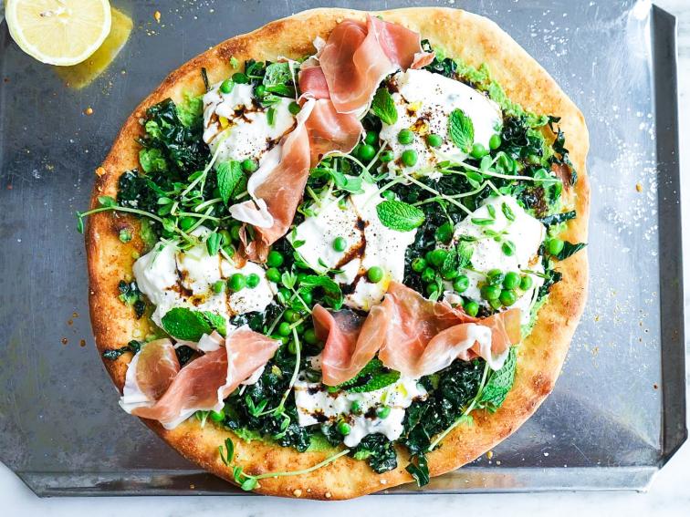 Burrata Flatbread with Garlicky Greens, Peas and Prosciutto Recipe ...