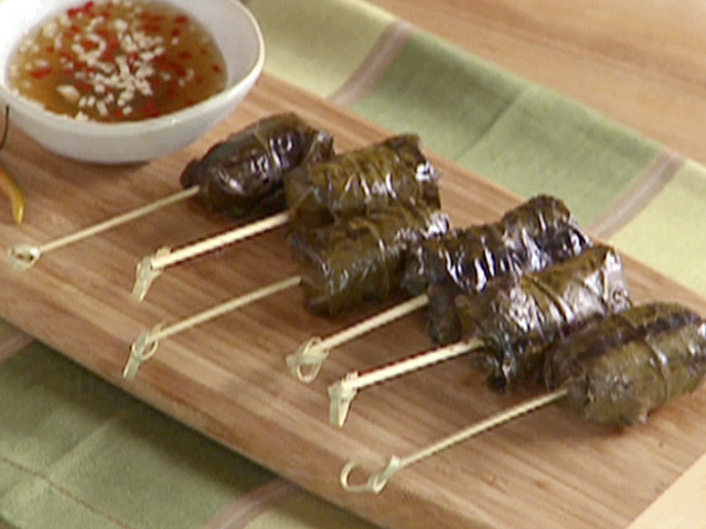 Grilled Beef in Grape Leaves with Sweet, Sour, and Spicy Dipping Sauce Recipe - Chef's Resource ...
