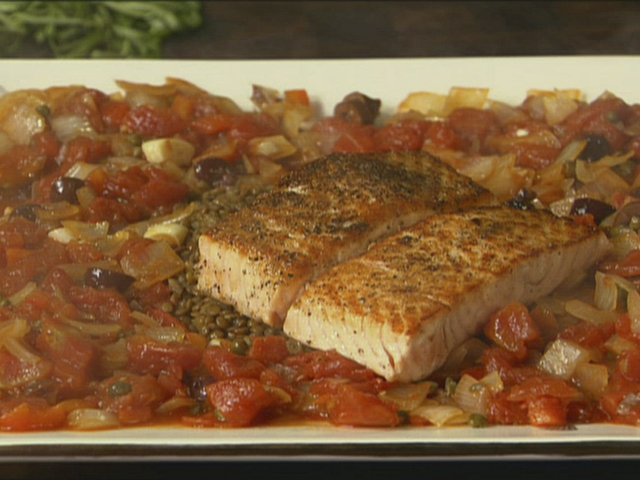 Lentil Puttanesca with Salmon Recipe - Chef's Resource Recipes