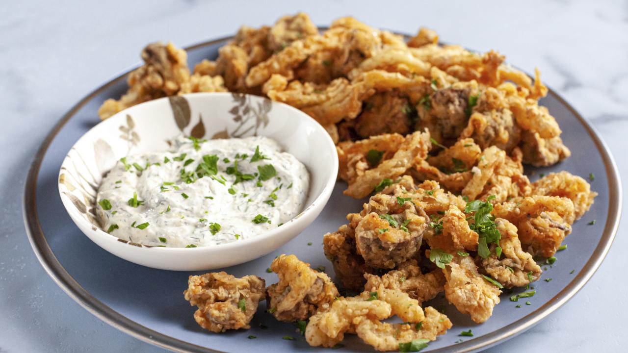 Fried Mushrooms and Onions with Lemon Dill Cream | Food Network